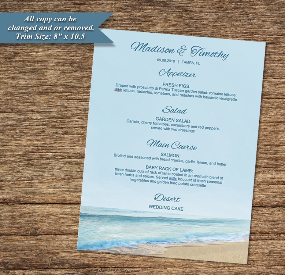 Beach Dinner Menu Bch-26-dm-digital Download - Etsy