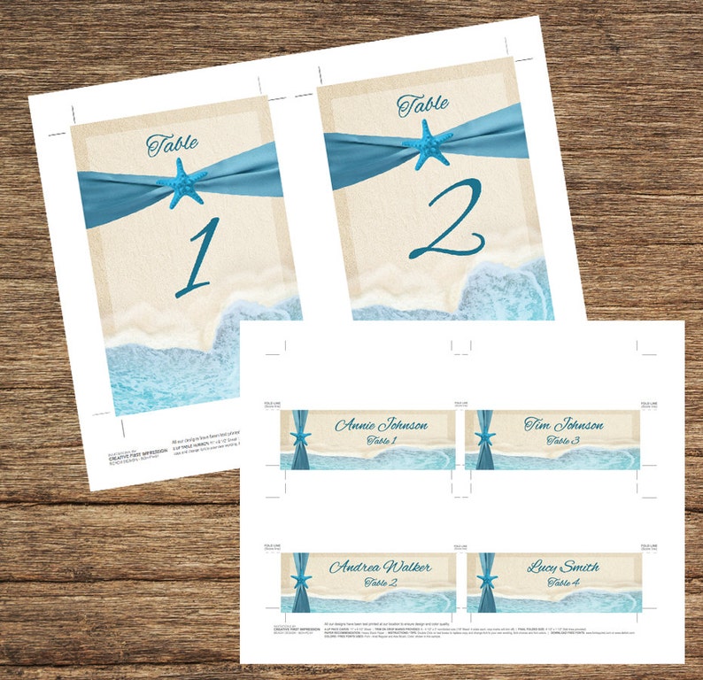 Beach Table Number and Place Cards Bch-01-tnpc-digital Download - Etsy