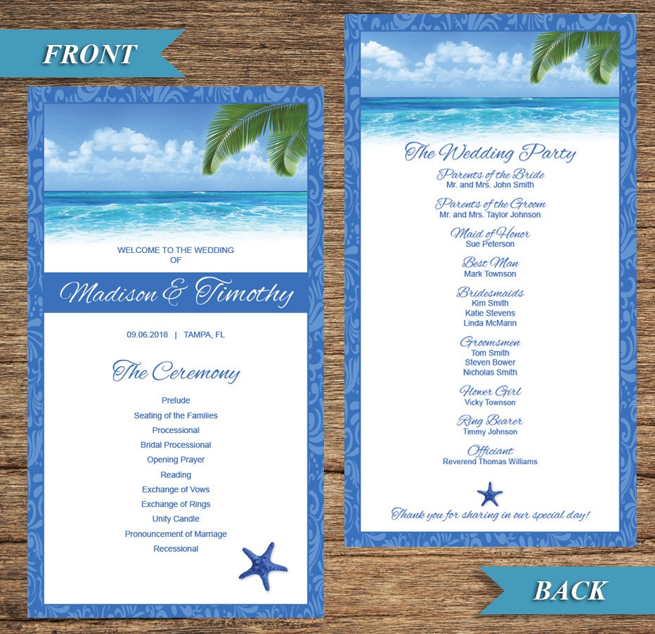 Beach Wedding Program Bch-09-wp-digital Download - Etsy