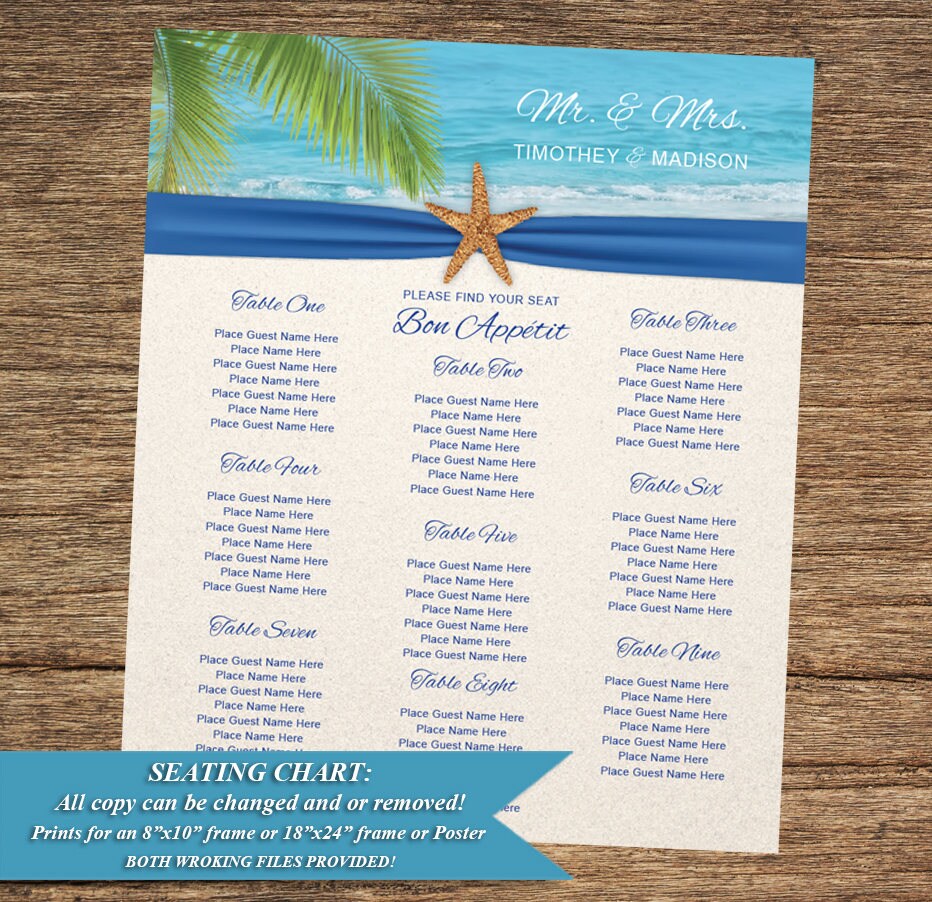 Beach Wedding/party Seating Chart Bch-20-spc-digital Download - Etsy