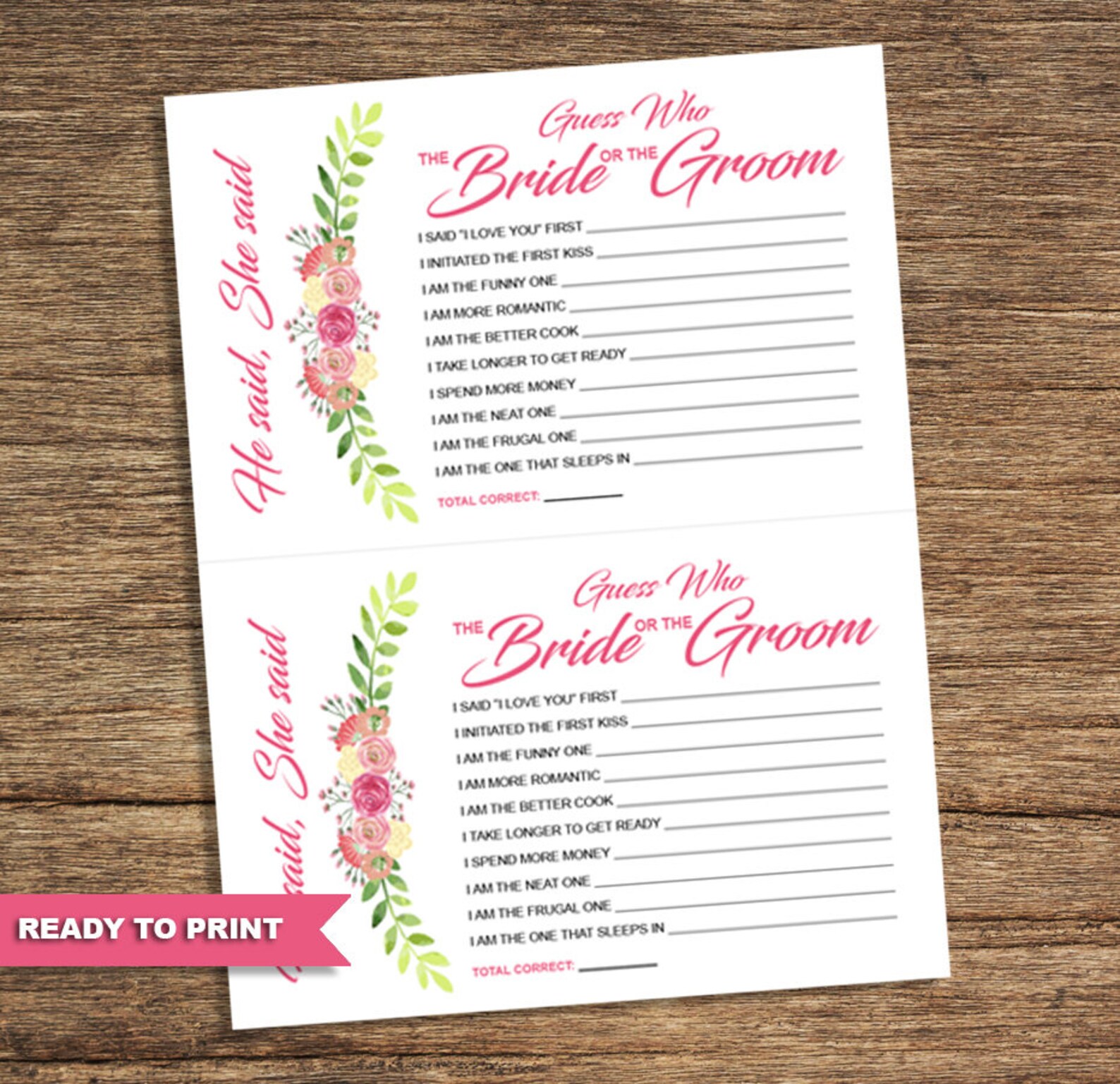 Pink Wild Flowers Rustic Bridal Shower Games Flw-06-bsg-digital ...