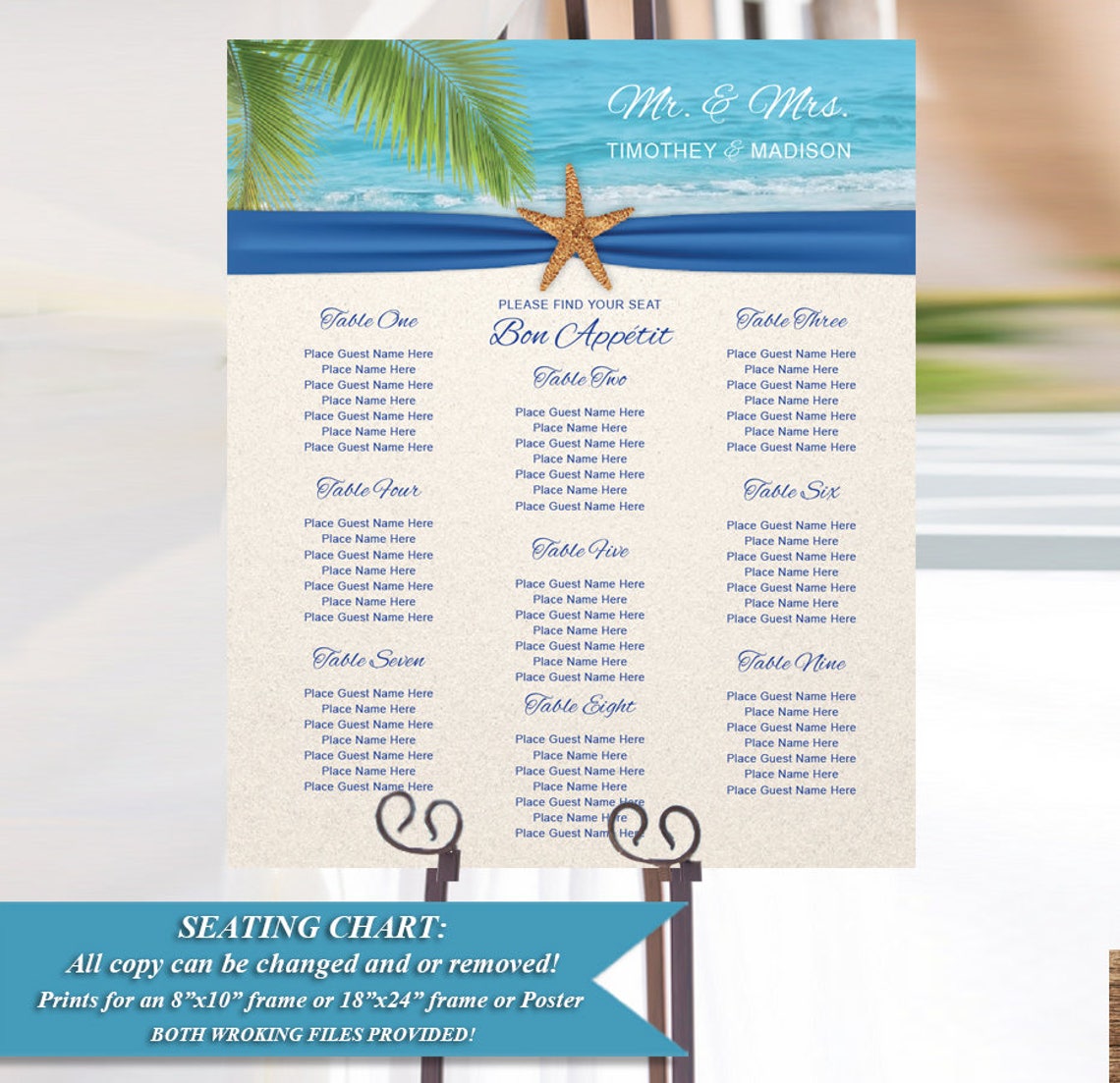 Beach Wedding/party Seating Chart Bch-20-spc-digital Download - Etsy