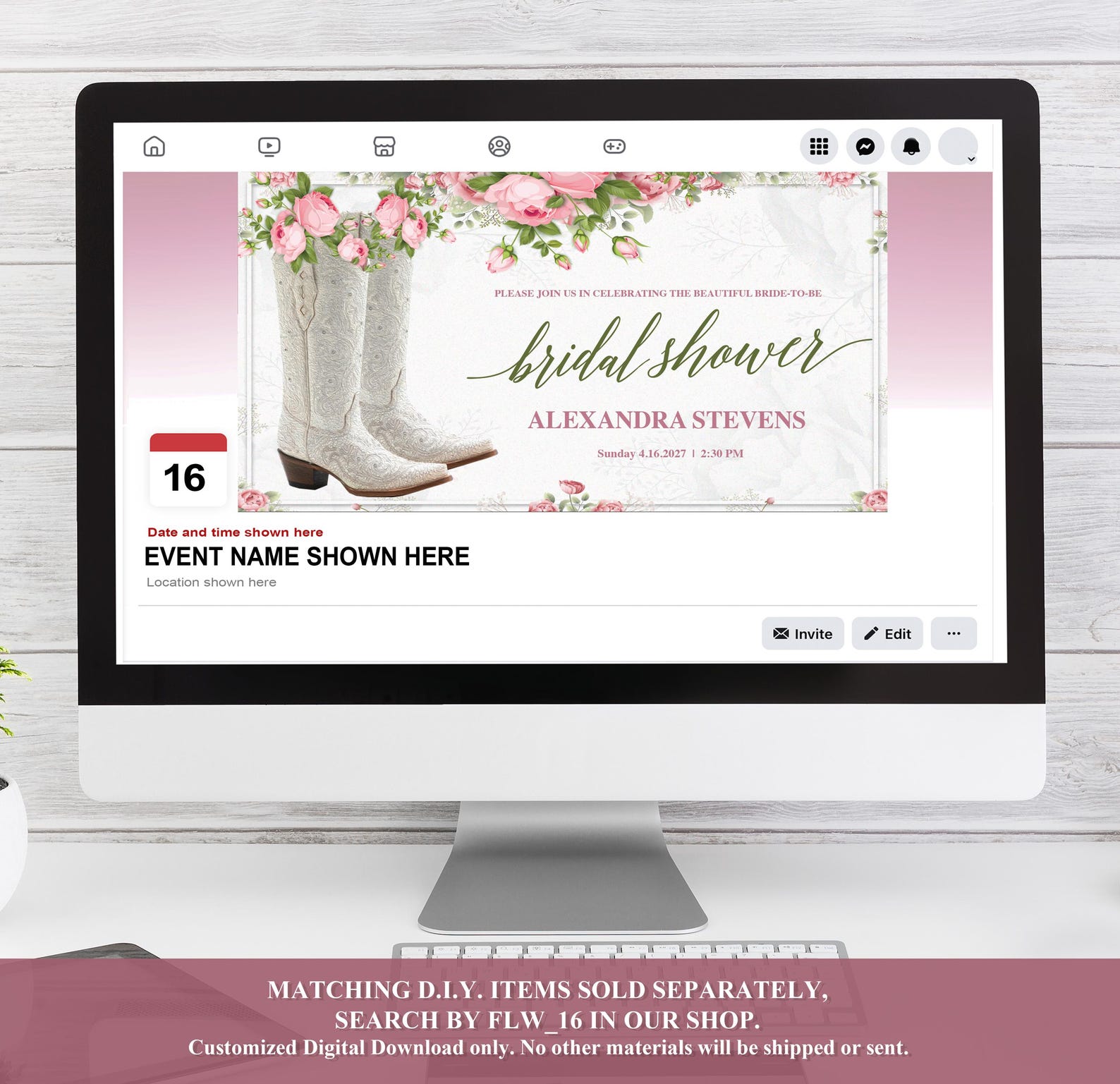 FLW-16 Facebook Cover Event Design Bridal Shower Boots and Flowers - Etsy