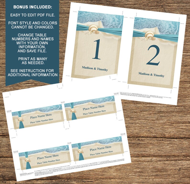 Beach Table Number and Place Card Bch-10-tn-pc-digital Download - Etsy