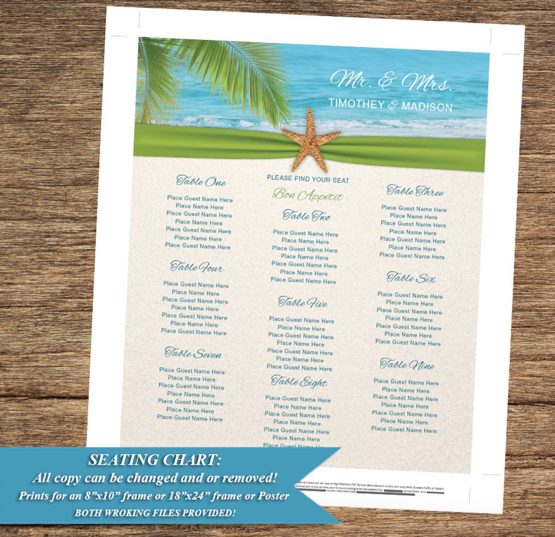 Beach Wedding/party Seating Chart Bch-19-spc-digital Download - Etsy