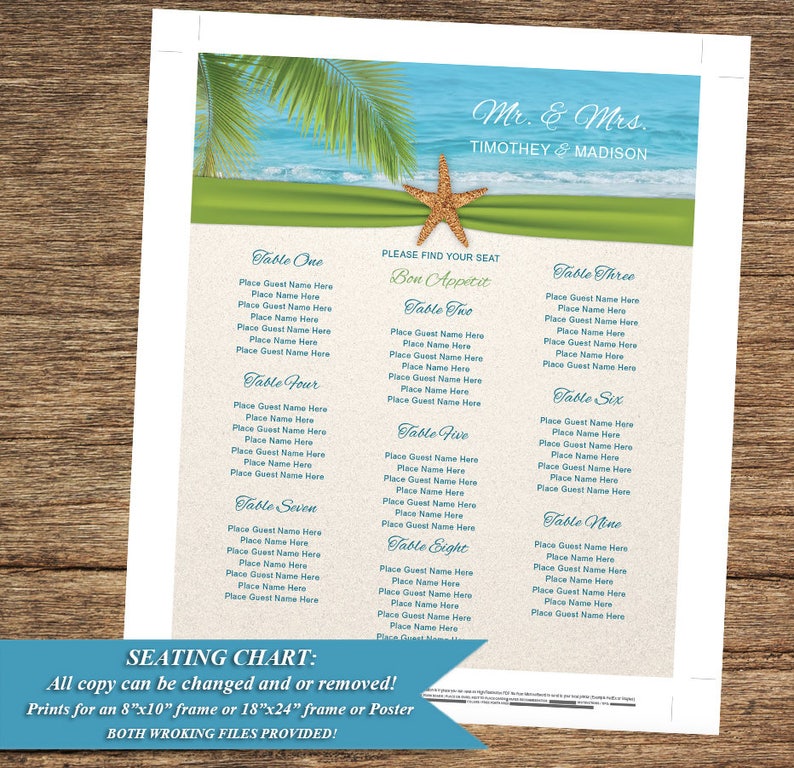 Beach Wedding/party Seating Chart Bch-19-spc-digital Download - Etsy