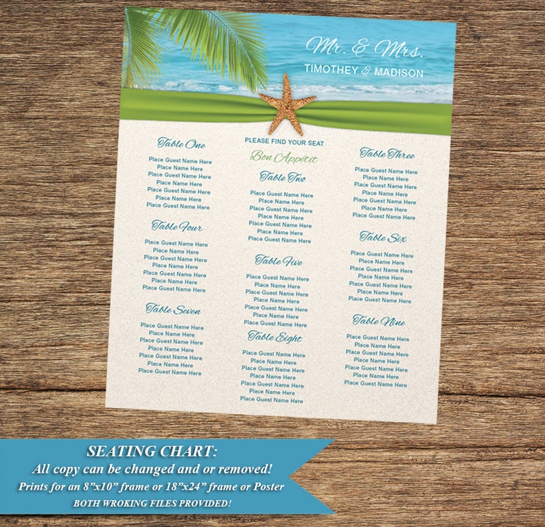 Beach Wedding/party Seating Chart Bch-19-spc-digital Download - Etsy