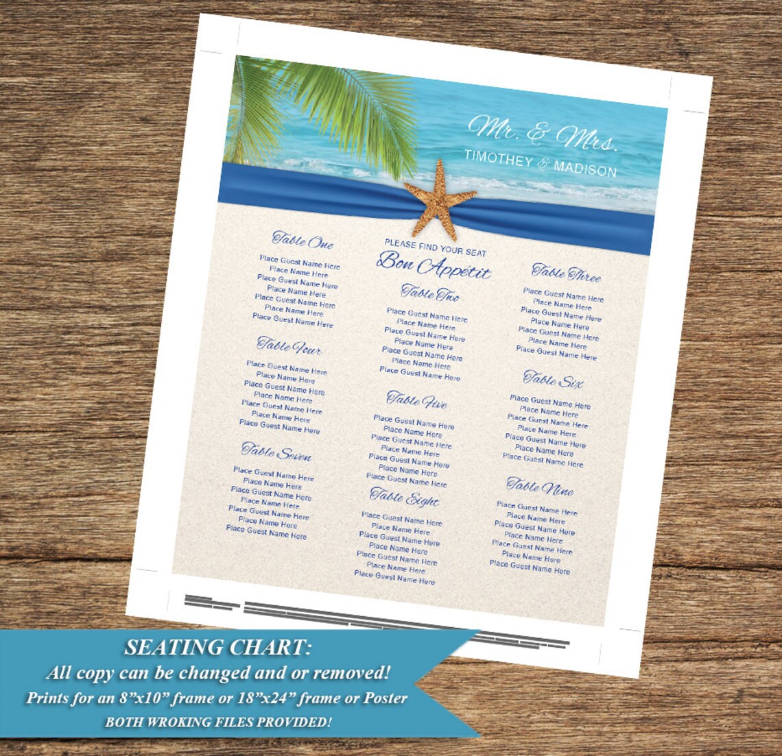 Beach Wedding/party Seating Chart Bch-20-spc-digital Download - Etsy