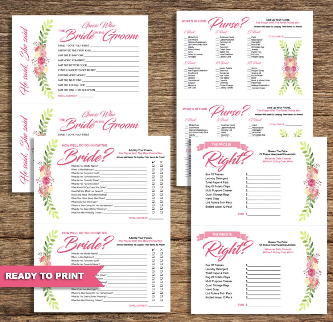 Pink Wild Flowers Rustic Bridal Shower Games Flw-06-bsg-digital ...