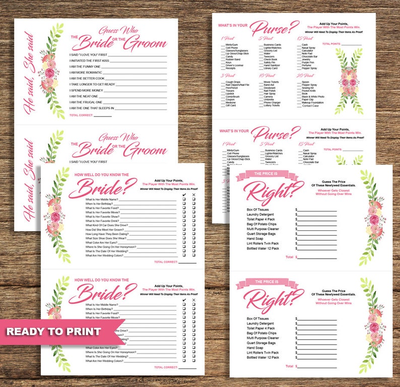 Pink Wild Flowers Rustic Bridal Shower Games Flw-06-bsg-digital ...