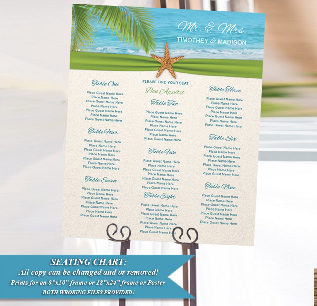 Beach Wedding/party Seating Chart Bch-19-spc-digital Download - Etsy