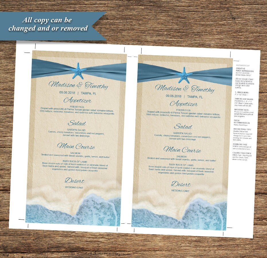 Beach Dinner Menu Bch-01-dm-digital Download - Etsy