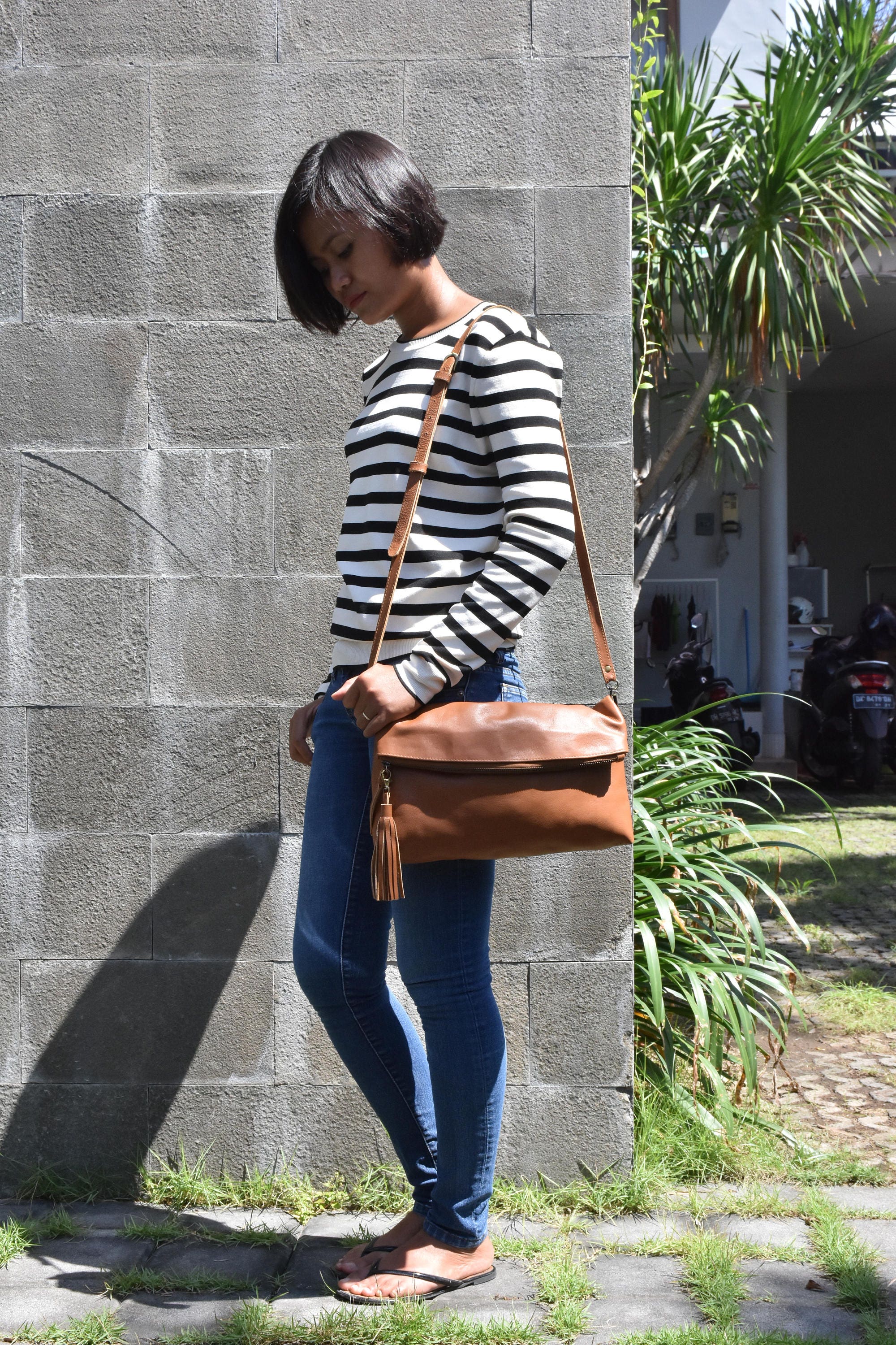 NAYA - Tan Leather Roll Over Clutch, Leather Foldover Clutch, Tan ...