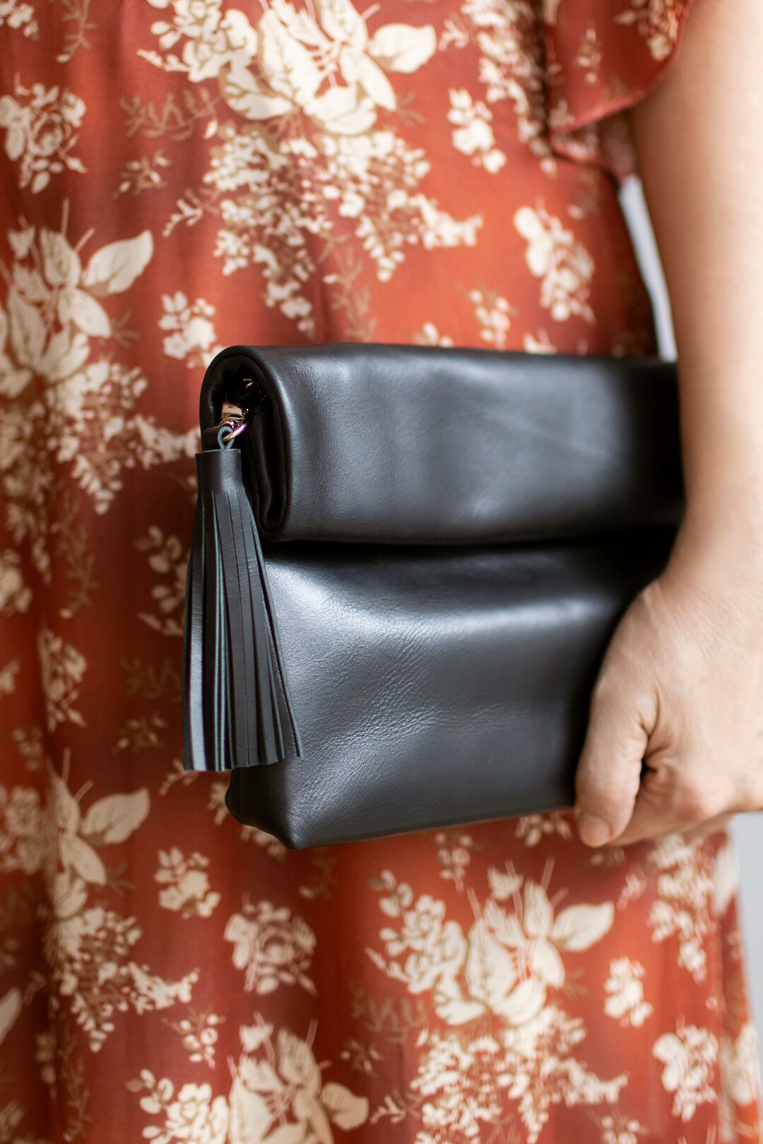 NAYA - BLACK Leather Roll Over Clutch, Leather Foldover Clutch, Clutch ...