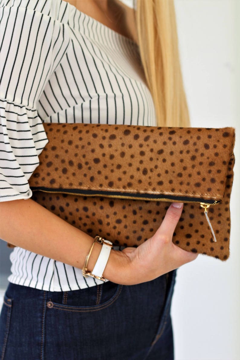Leopard Clutch, Genuine Leather, Leopard Fold Over Clutch, Leopard ...