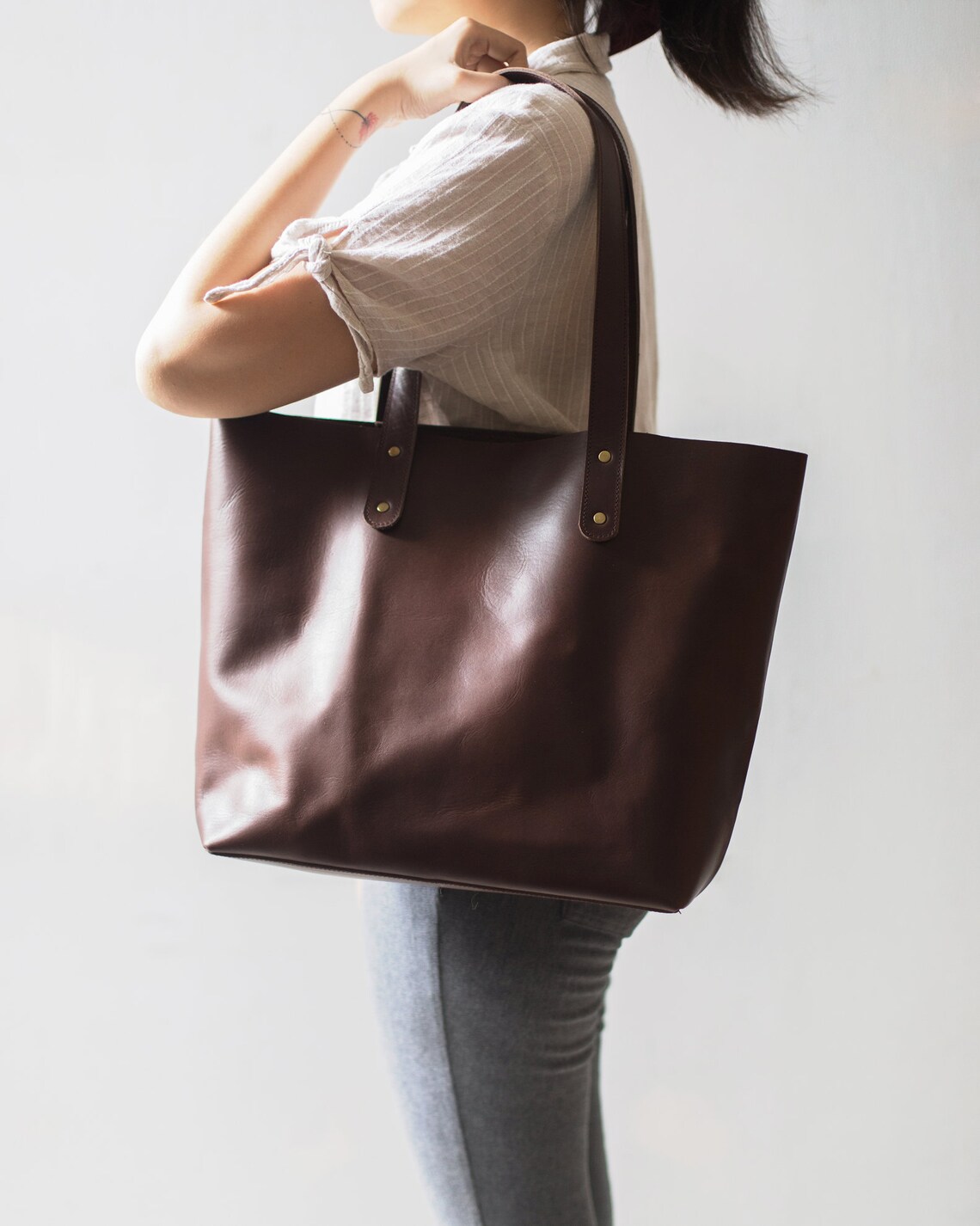 PATRA - Unlined Tote Bag, Brown Thick Leather Shopper Bag Bag, Leather ...