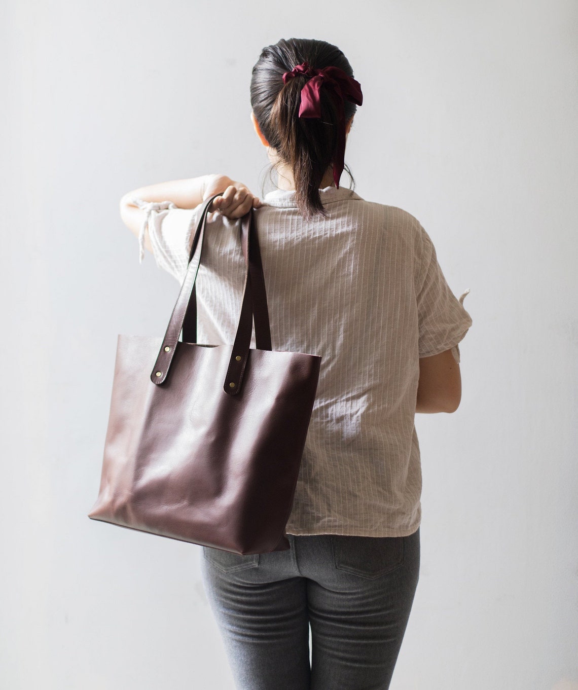 PATRA - Unlined Tote Bag, Brown Thick Leather Shopper Bag Bag, Leather ...