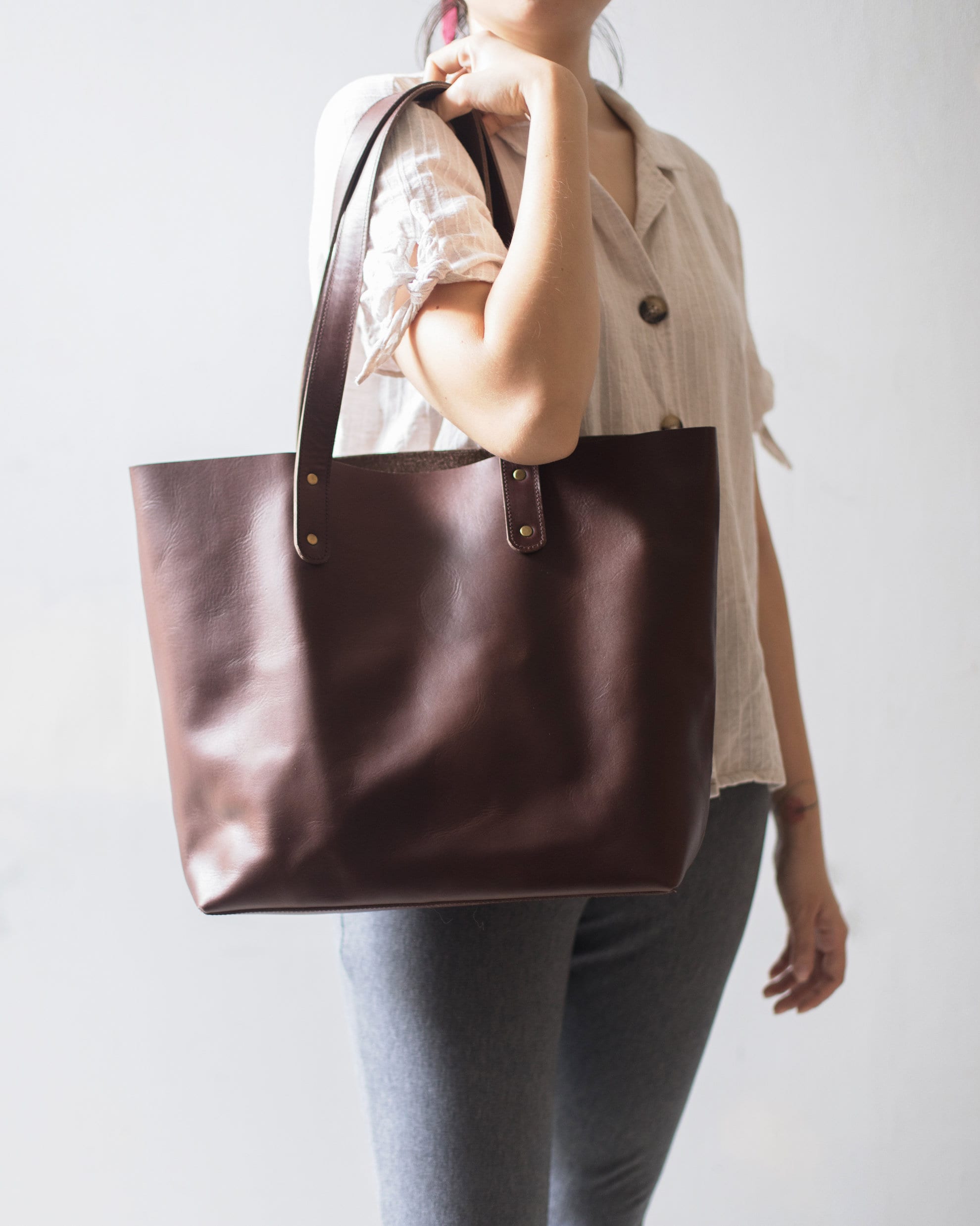 PATRA - Unlined Tote Bag, Brown Thick Leather Shopper Bag Bag, Leather ...