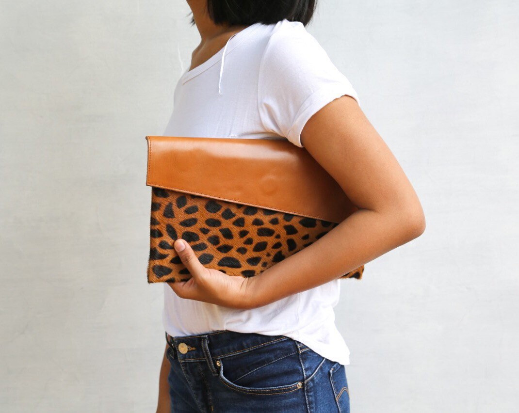 Leopard Envelope Clutch Leopard Print Leather Clutch Leopard | Etsy