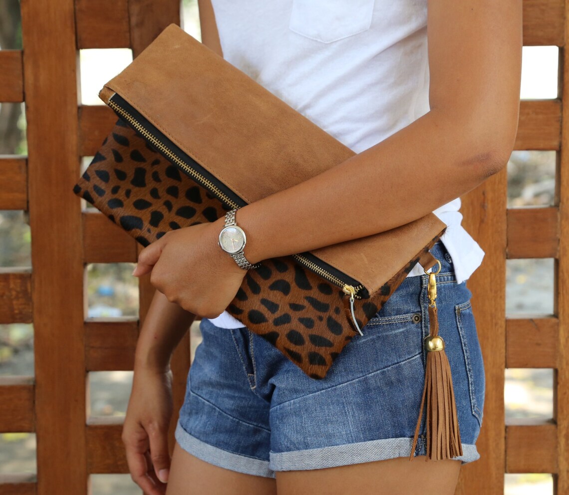 Leopard Clutch With Tassel, Foldover Clutch Leopard Print, Fold Over ...