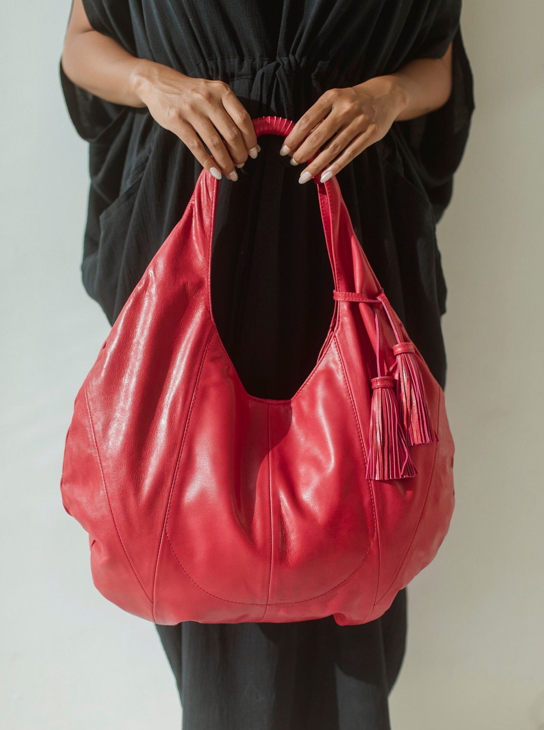 NINA - Leather Hobo Bag, Red Leather Shoulder Bag, Leather Hobo Boho ...