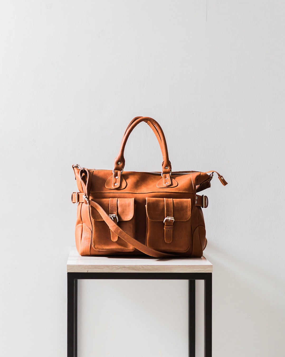 DIANA - Leather Tote Bag With Pockets, DARK TAN Leather Diaper Bag ...