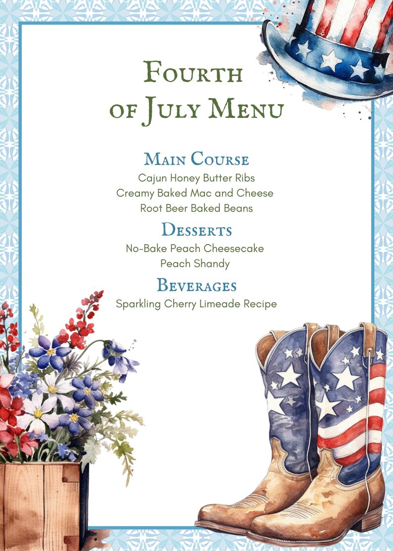4th of July Menu Template | Instant Download Party Planner | Holiday ...