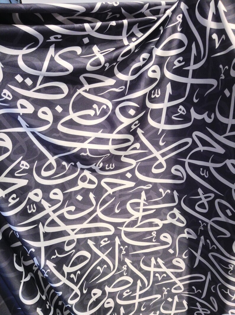 Arabic Calligraphy Design Gray Fabric Satin Clothing Light Weight White ...