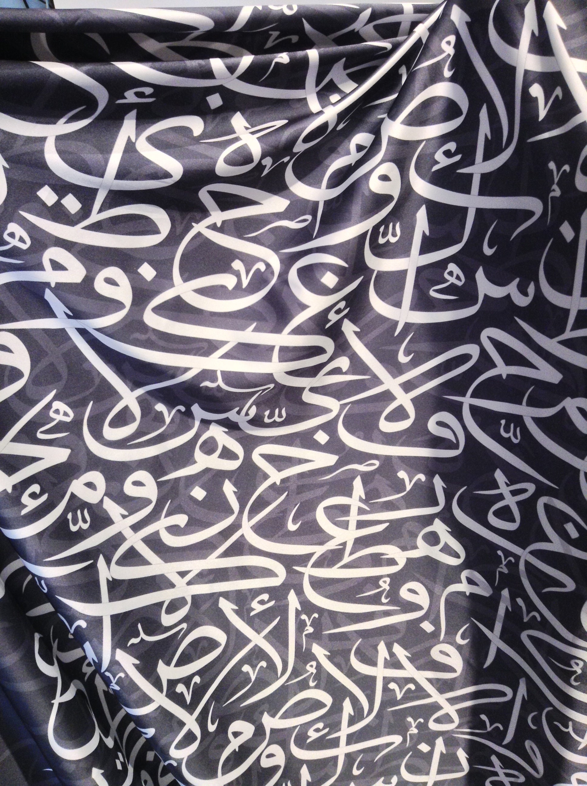 Arabic Calligraphy Design Gray Fabric Satin Clothing Light Weight White ...