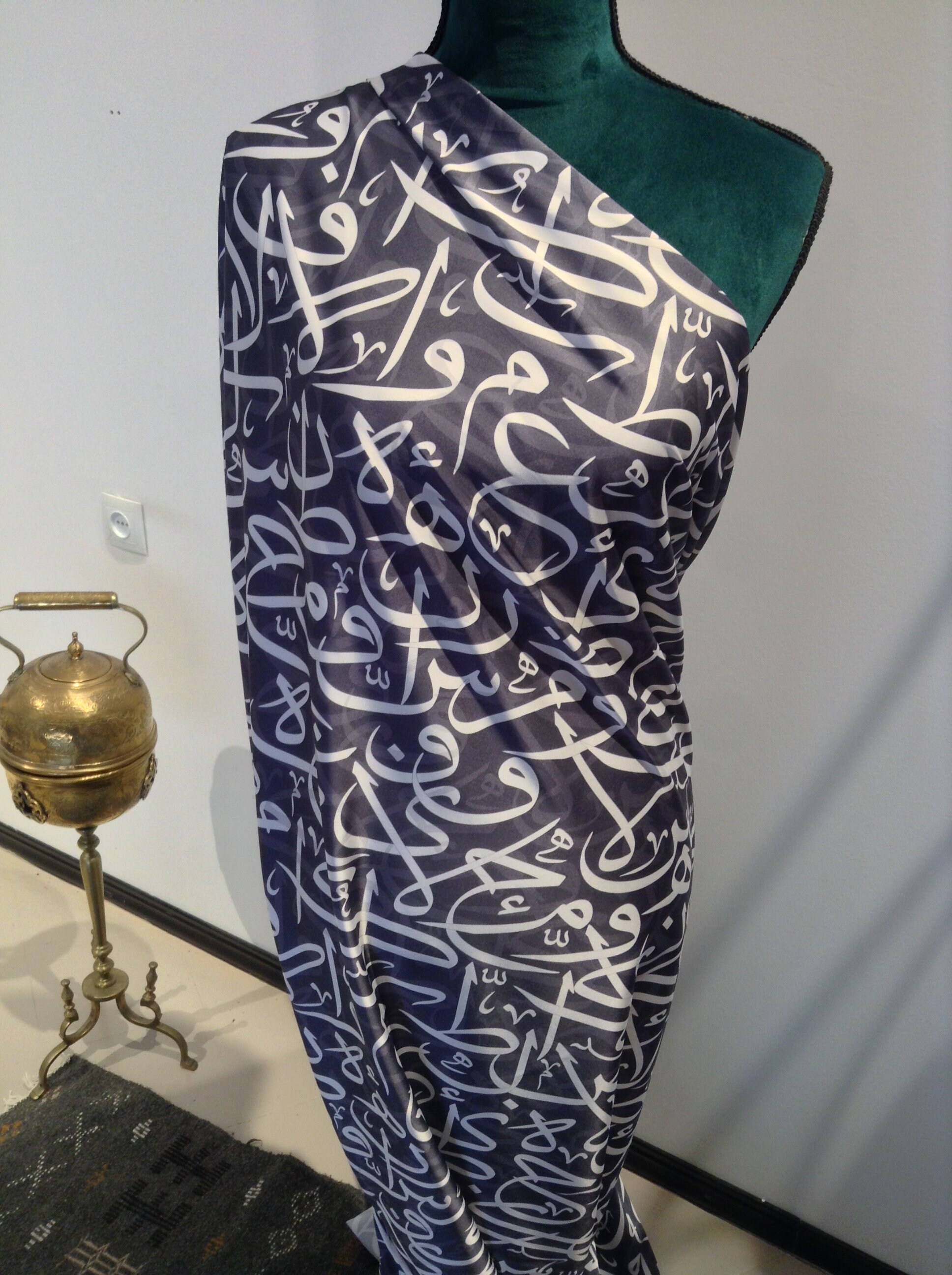 Arabic Calligraphy Design Gray Fabric Satin Clothing Light Weight White ...