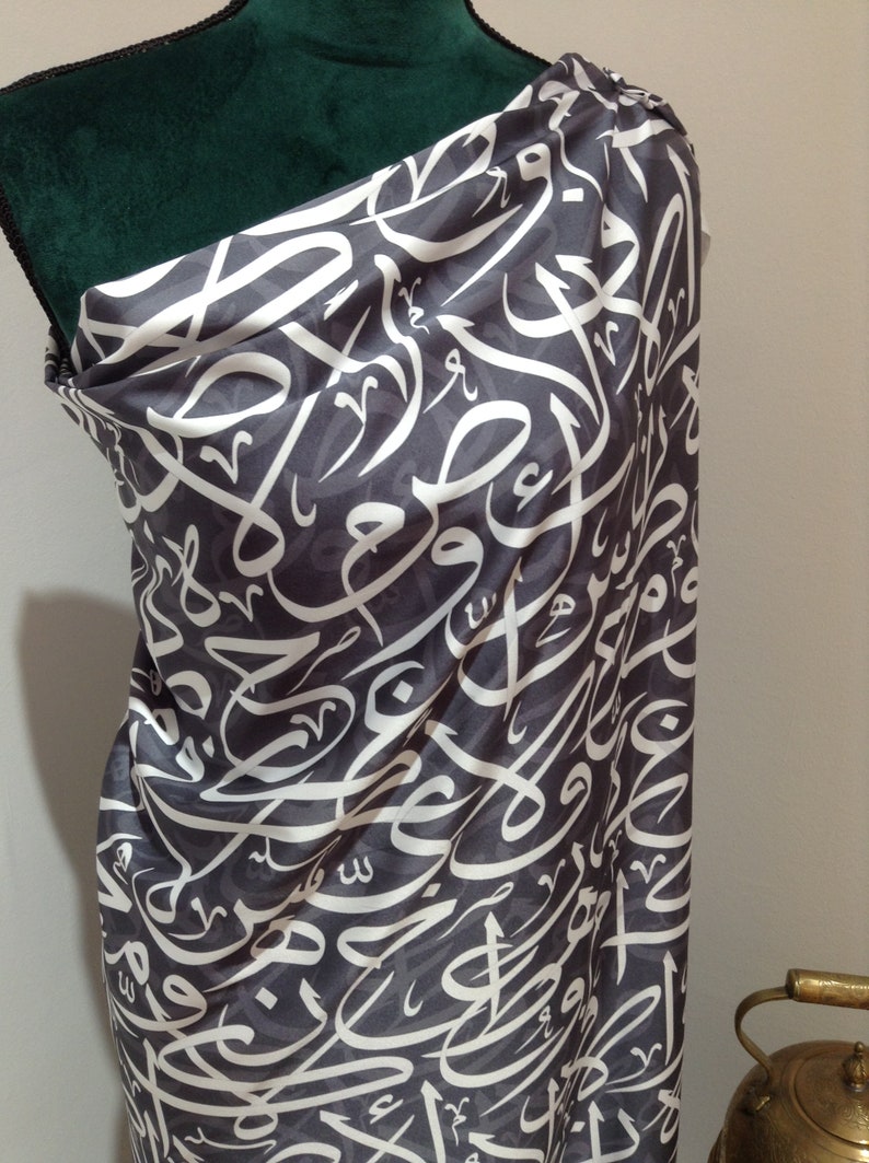 Arabic Calligraphy Design Gray Fabric Satin Clothing Light Weight White ...
