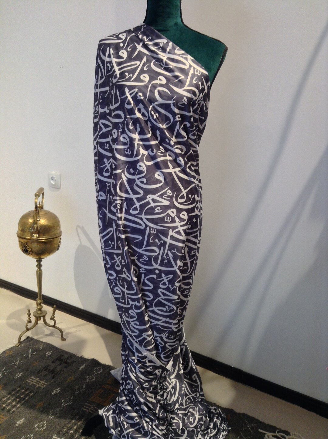 Arabic Calligraphy Design Gray Fabric Satin Clothing Light Weight White ...