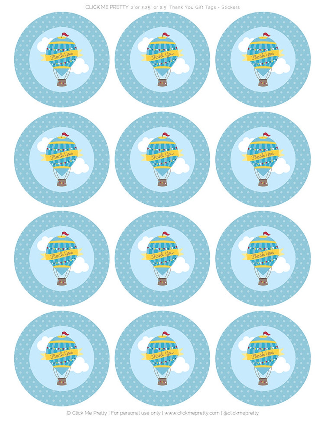 Hot Air Balloon Thank You Stickers Birthday and Baby Shower Party ...