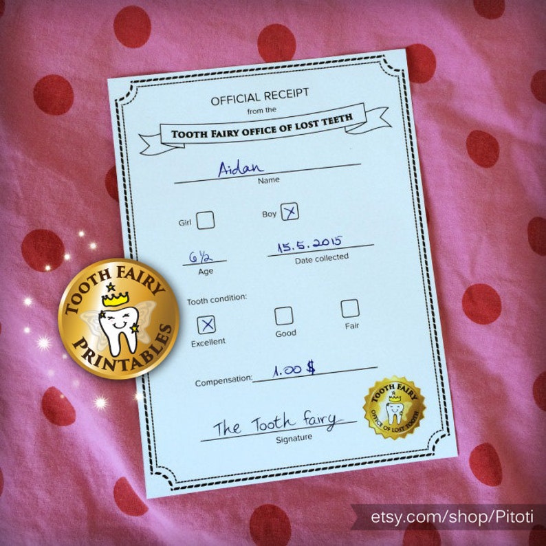 Tooth Fairy Receipt for Lost Tooth - Instant Download Printable File - Etsy