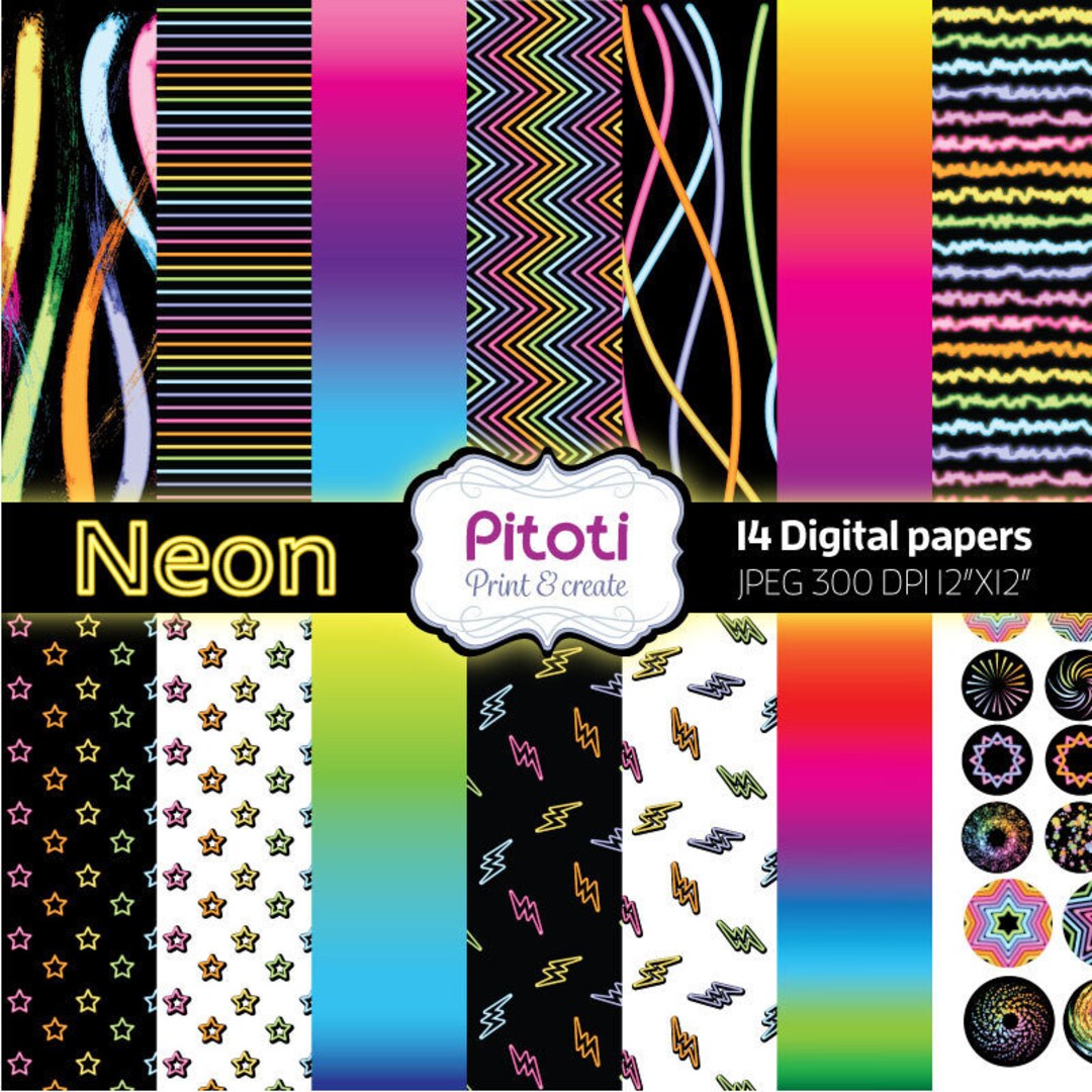 Digital Paper, Neon Digital Paper Pack, Neon Digital Scrapbook Paper ...