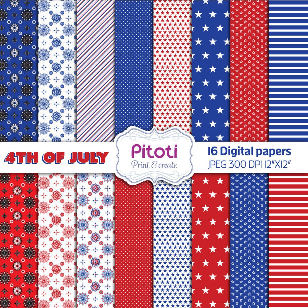 4th of July Digital Paper Pack, Stars and Stripes, Digital Scrapbooking ...