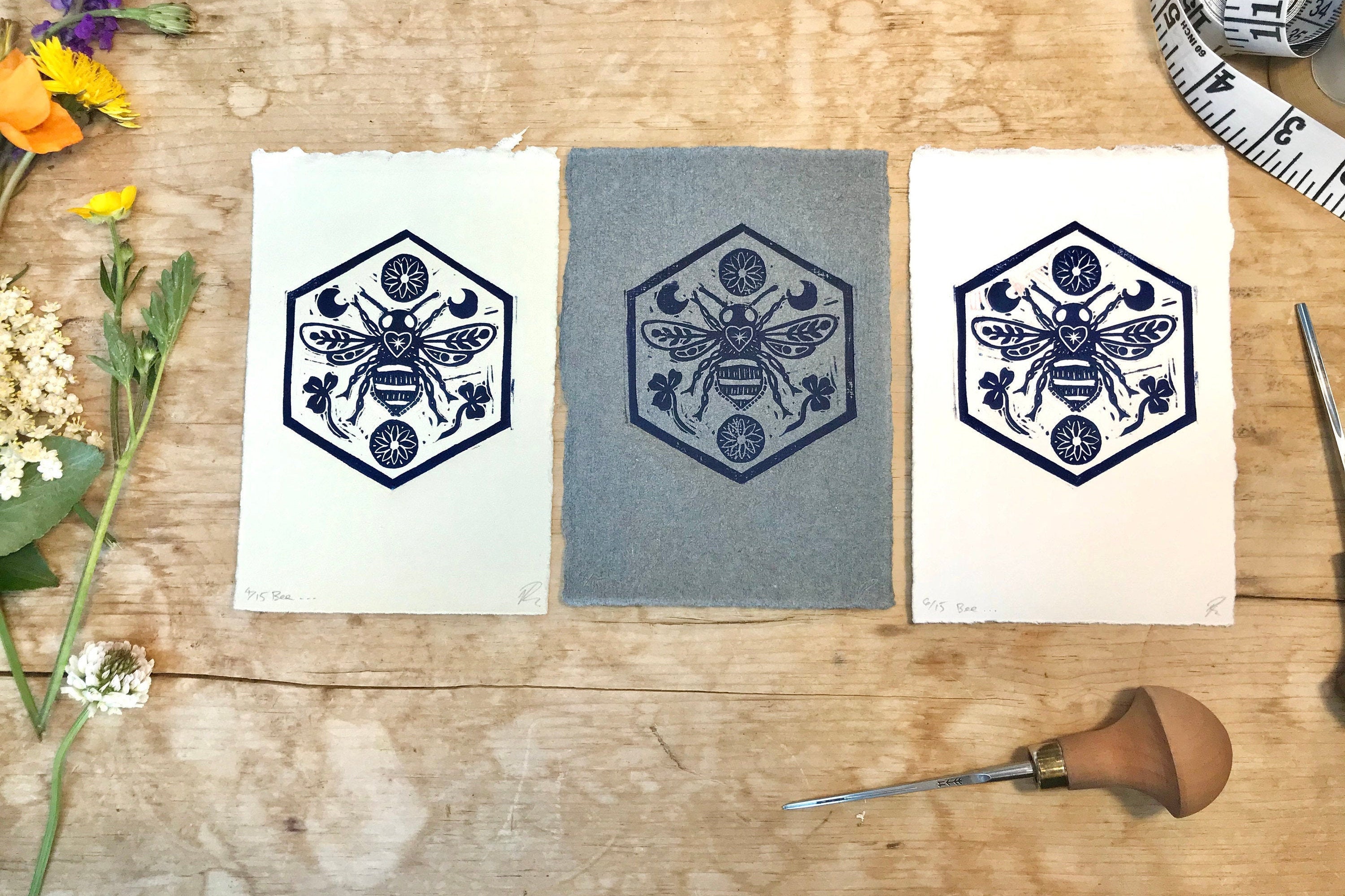 Bee linocut-bee print-handprinted-hand carved-editioned Lino | Etsy