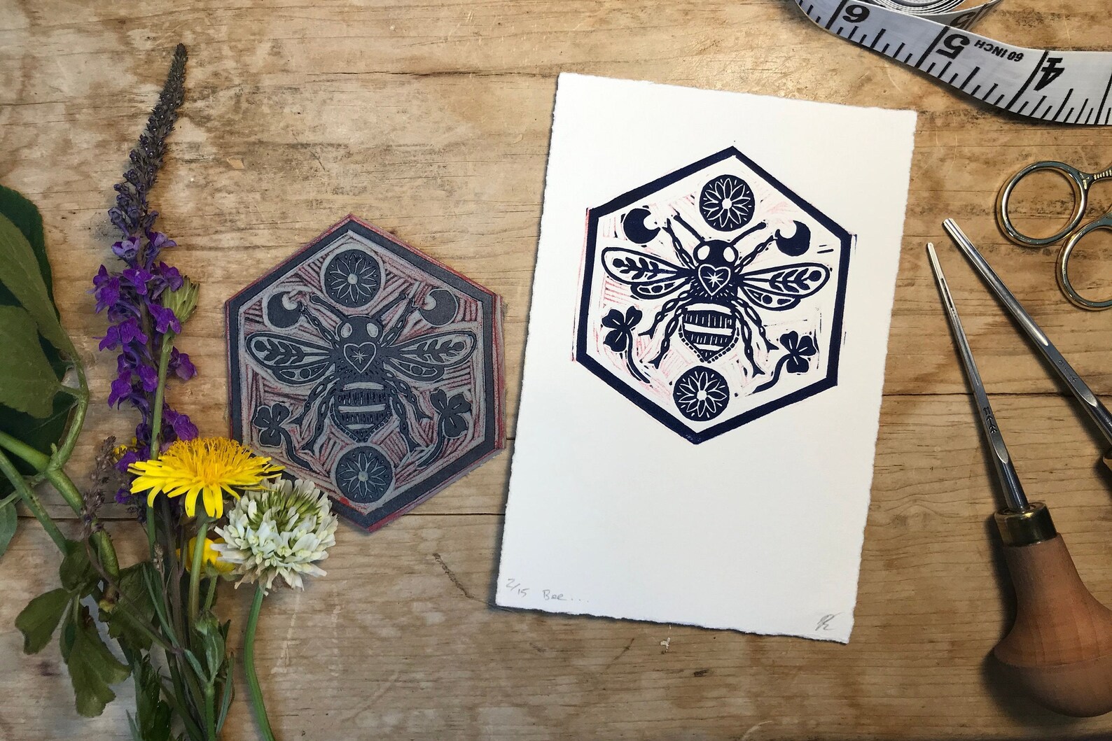 Bee Linocut-bee Print-handprinted-hand Carved-editioned Lino - Etsy