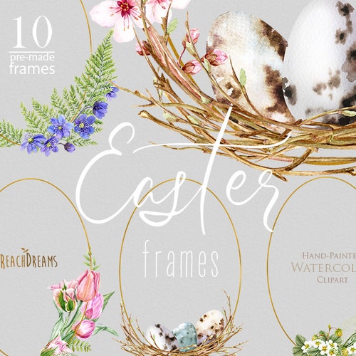 Easter Watercolor Clipart Frames Eggs Floral Feathers | Etsy