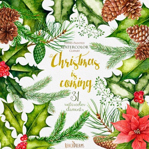 Christmas Watercolor Clipart Holiday Wreath Mistletoe | Etsy