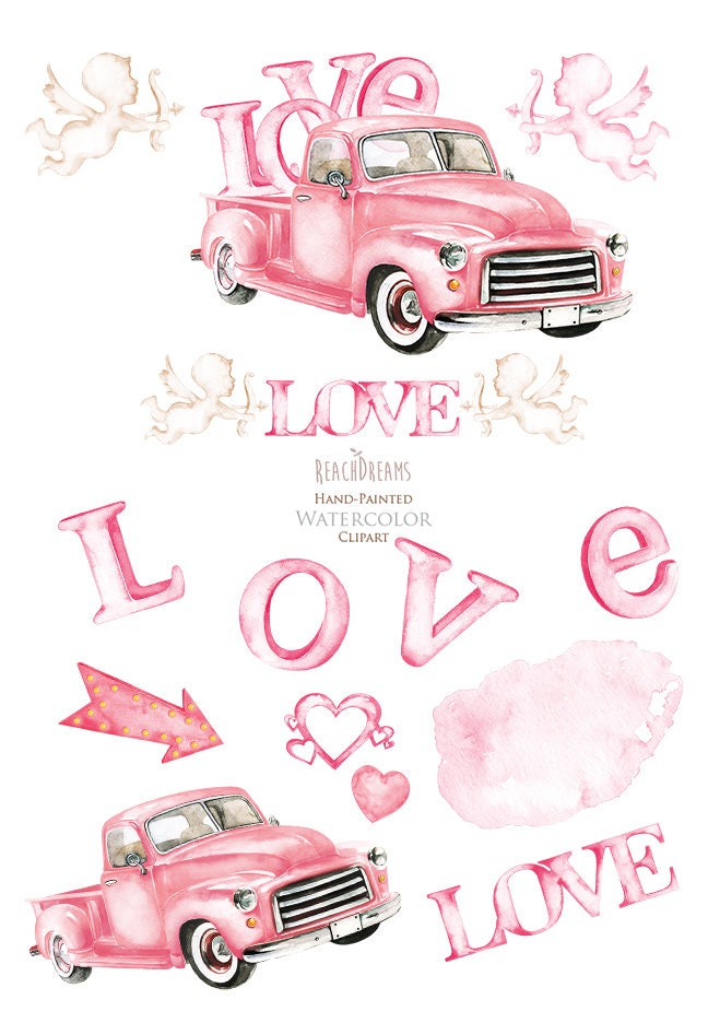 Valentine's Day Clipart, Watercolor Vintage Pink Truck, Cupid, Romantic ...