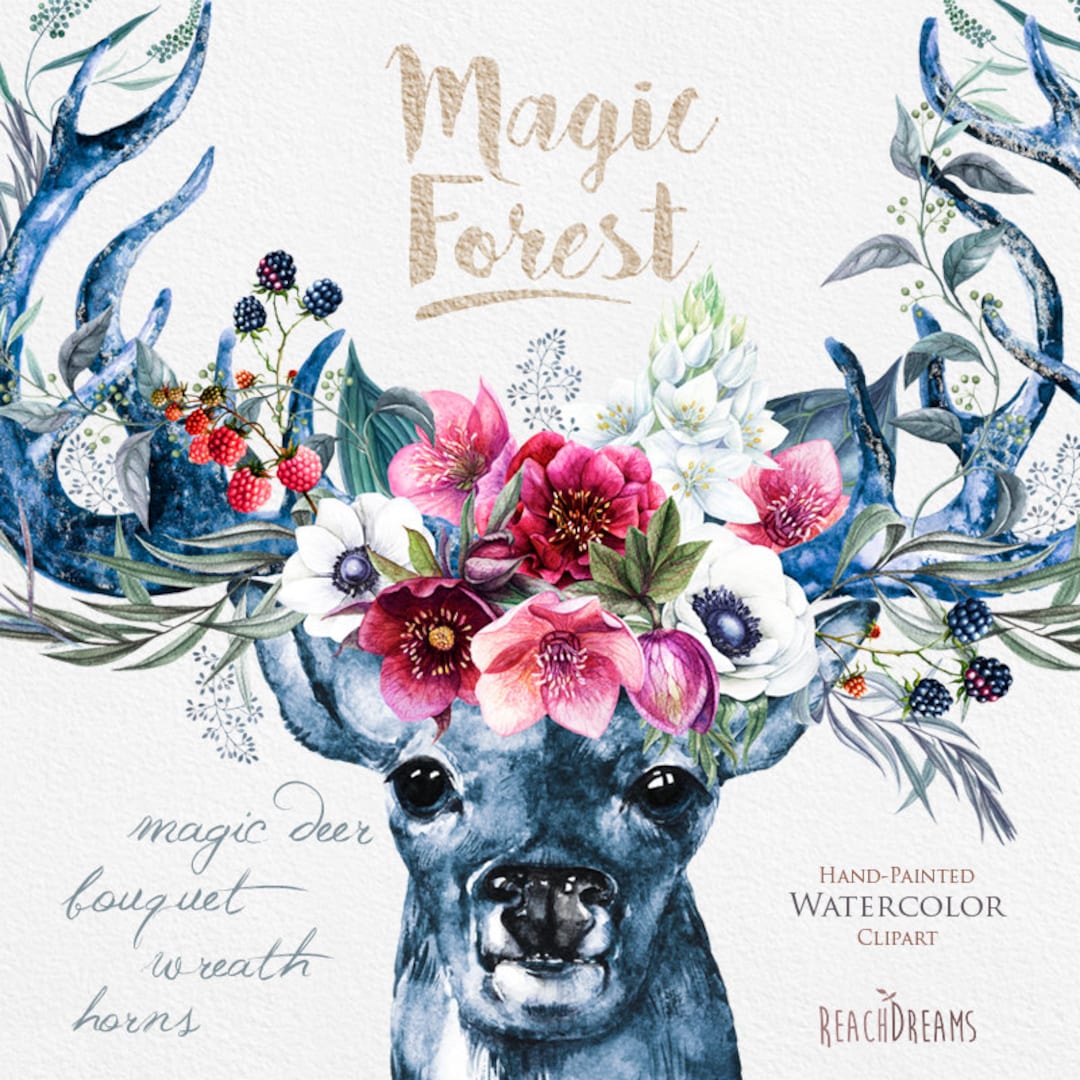 Watercolor Magic Deer, Antlers, Stag Horns, Wild, Boho, Wedding Flowers ...
