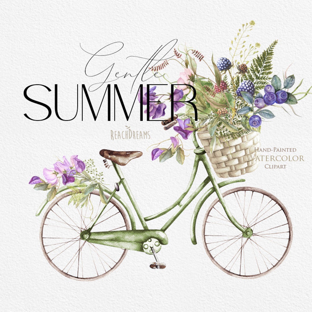 Wildflowers Watercolor Floral Clipart Bicycle Wedding Wild Herbal ...