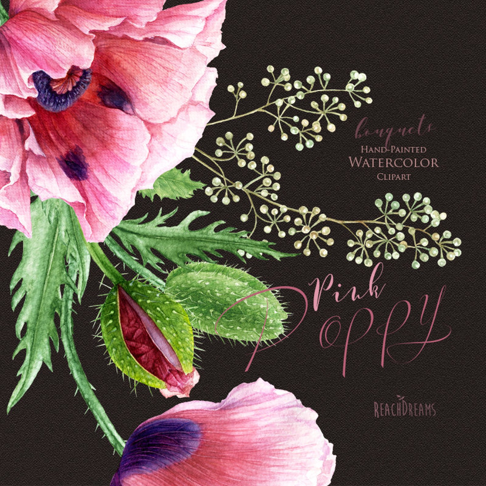 Watercolor Pink Poppy Handpainted bouquets poppies flowers | Etsy