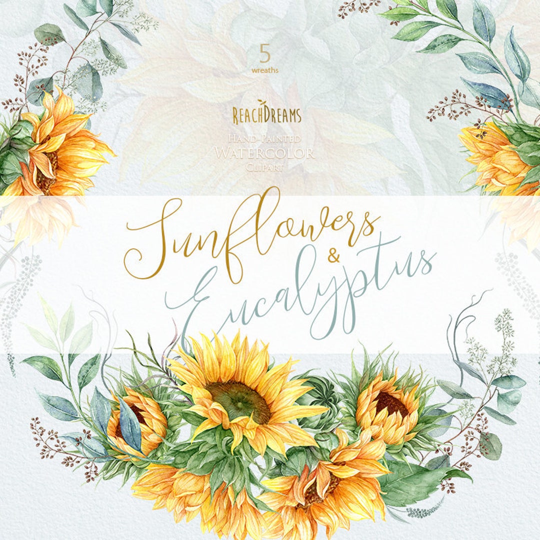 Sunflower Clipart, Eucalyptus Clipart, Greenery Clipart, Watercolor ...