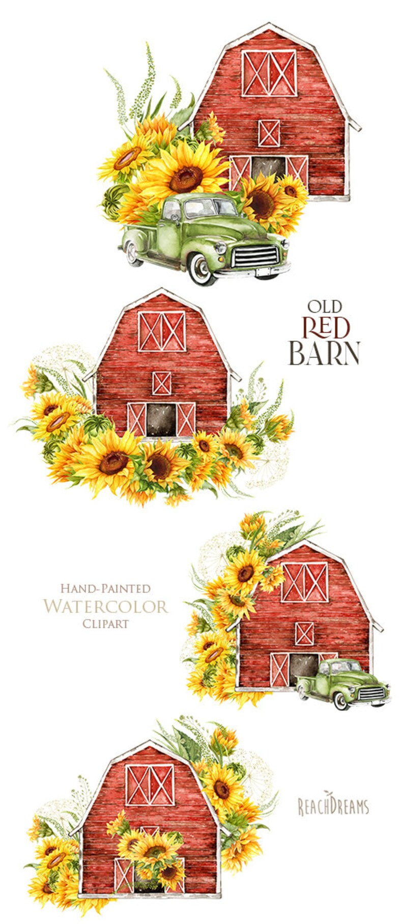 Barn Watercolor Clipart Red Barn House Farm Retro Car - Etsy