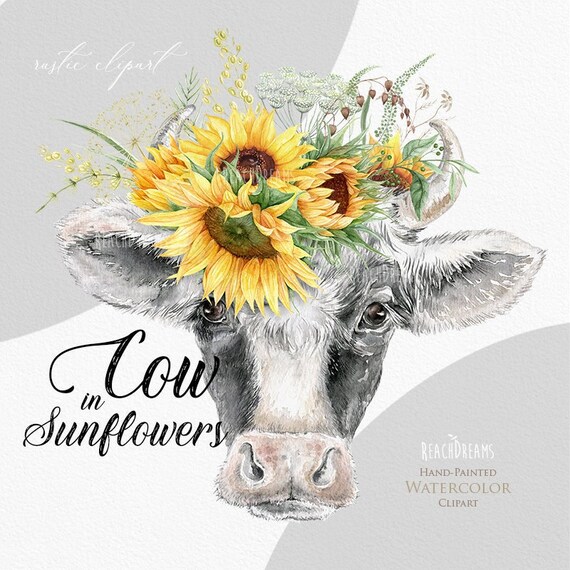 Cow Clipart Farm Animals Sunflowers Watercolor Funny Cow Face - Etsy