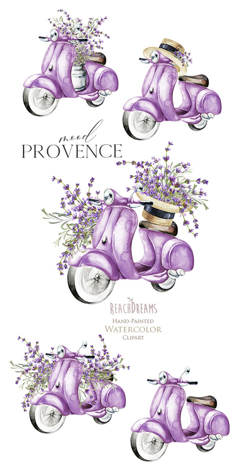 Lavender Watercolor Retro Moped Provence Violet Flowers - Etsy