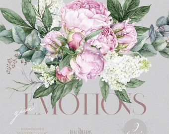 Floral Clipart, Peonies, Peony Buds, Greenery, Watercolor Bouquets ...