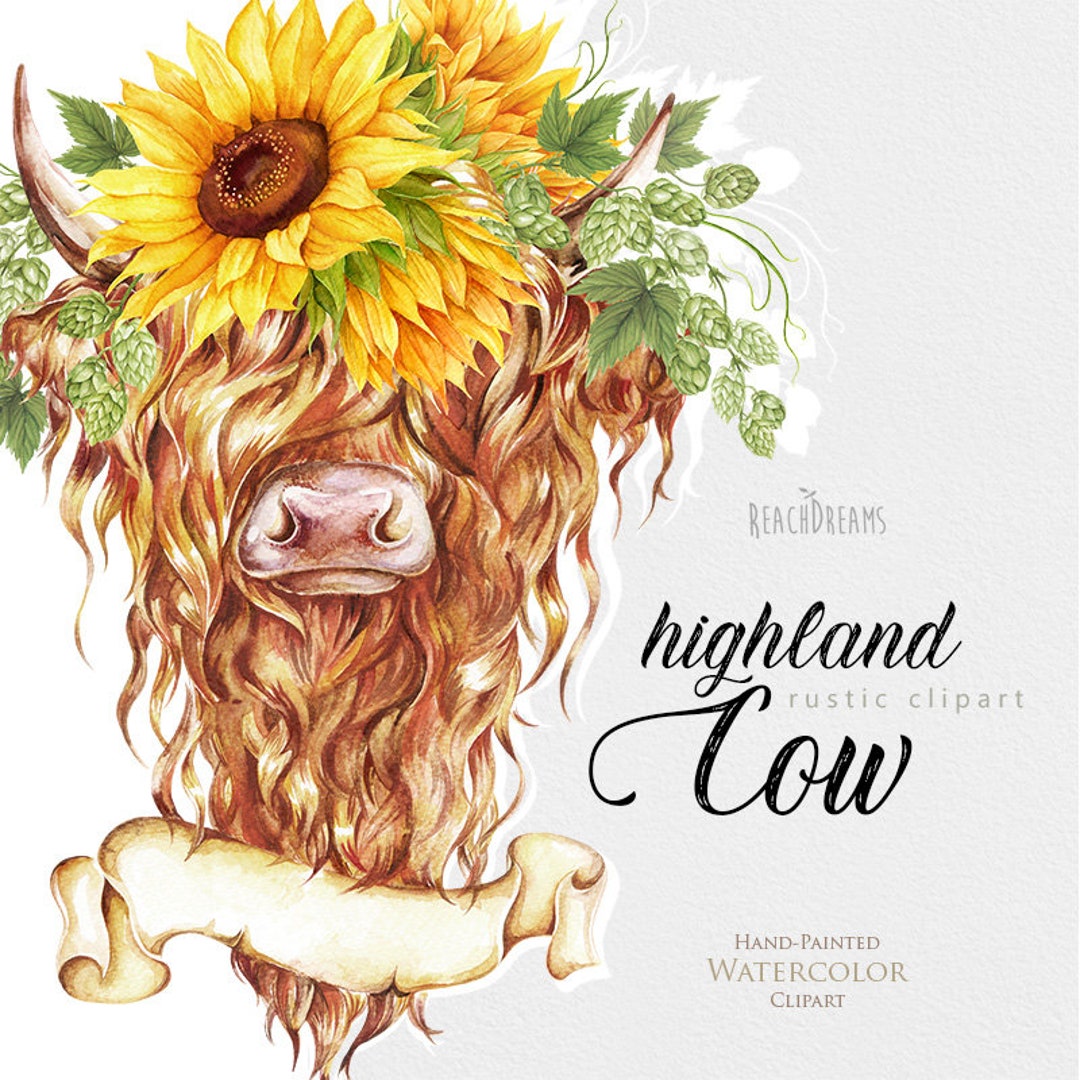 Highland Cow Png, Watercolor Cow Clipart, Cow in Sunflowers, Farm ...